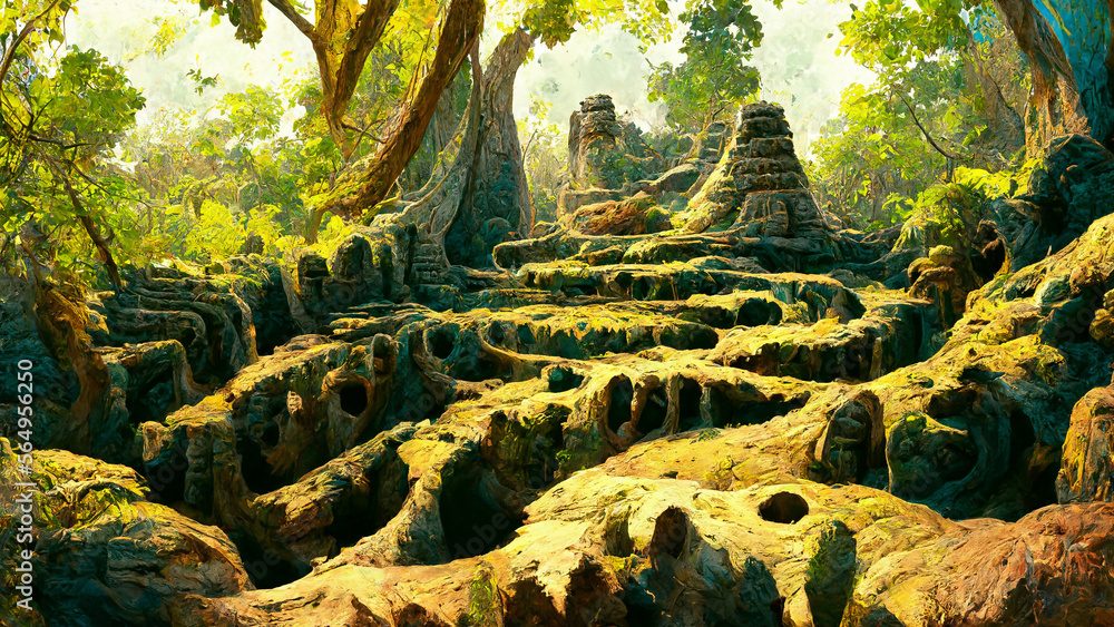 Ilustración de Stock Mayan civilization forest land cave illustration ...