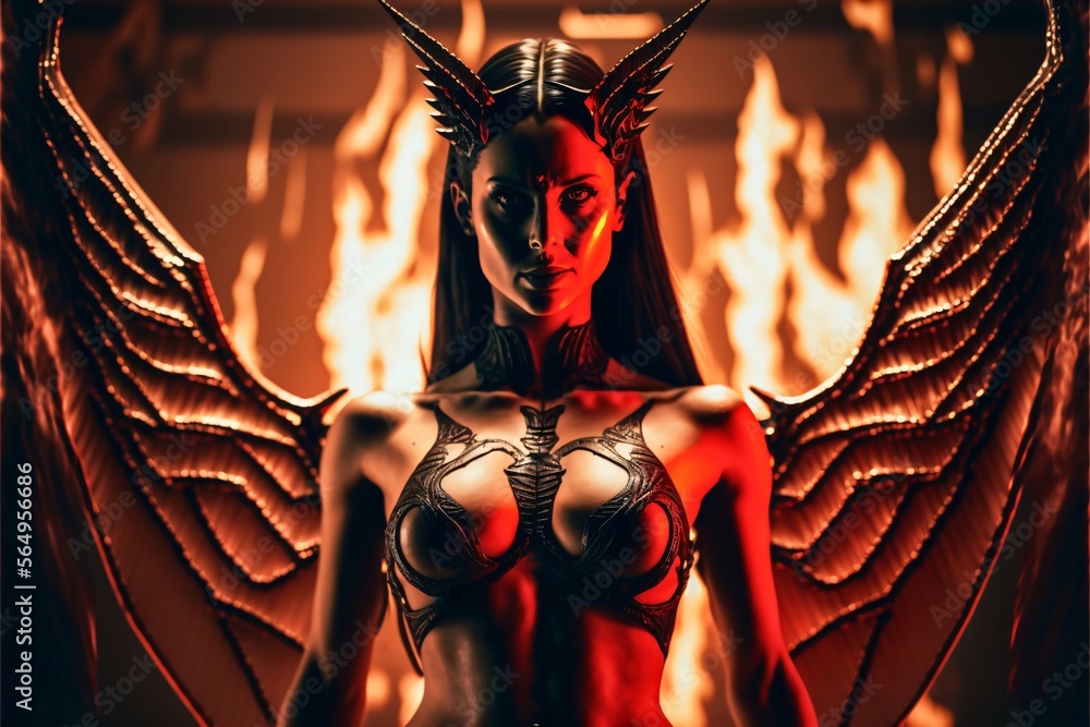 Sensual seductive sexy female devil with flames and fire in hell. Designed using generative ai ...