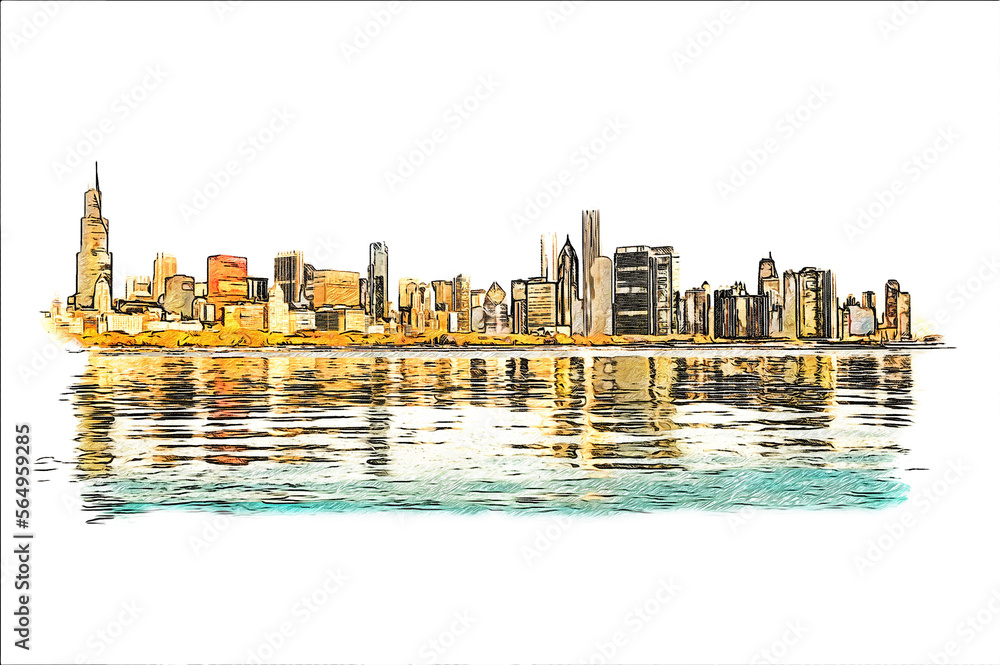 Chicago Illinois. Downtown skyline and reflection of skyscrapers in ...