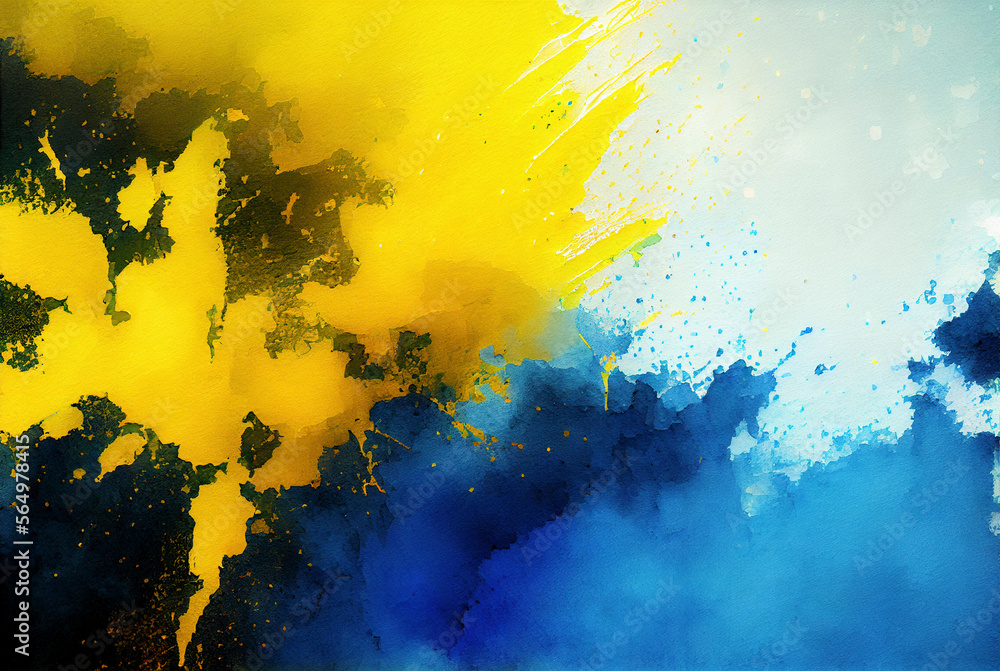 Yellow and blue vibrant abstract paint splash watercolor background ...