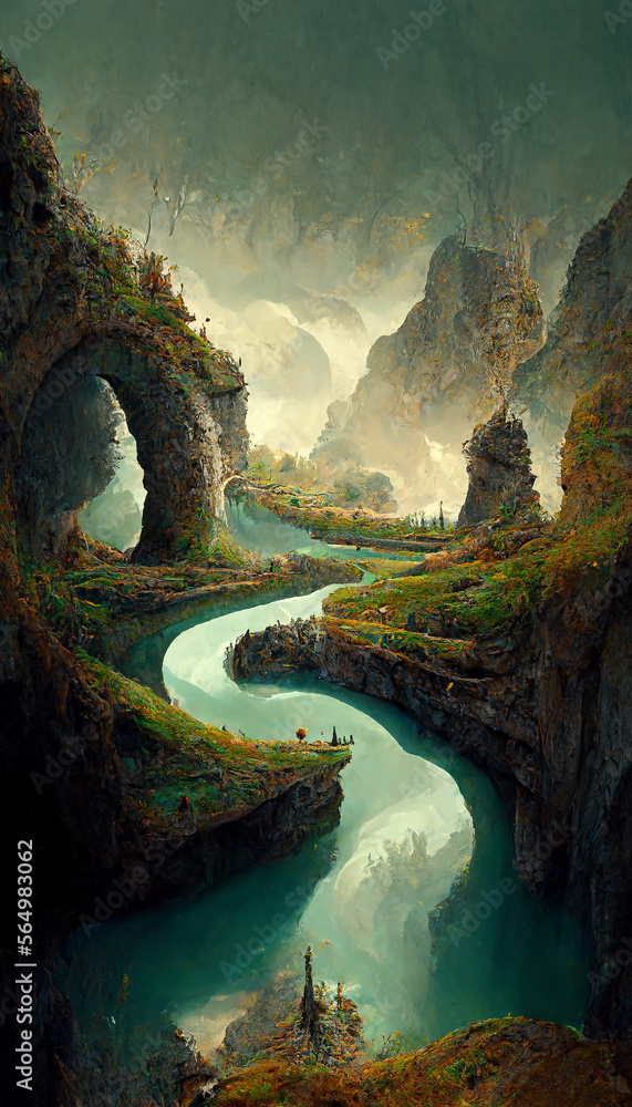 fantasy landscape with river leading into cave by Gediminas Pr ...
