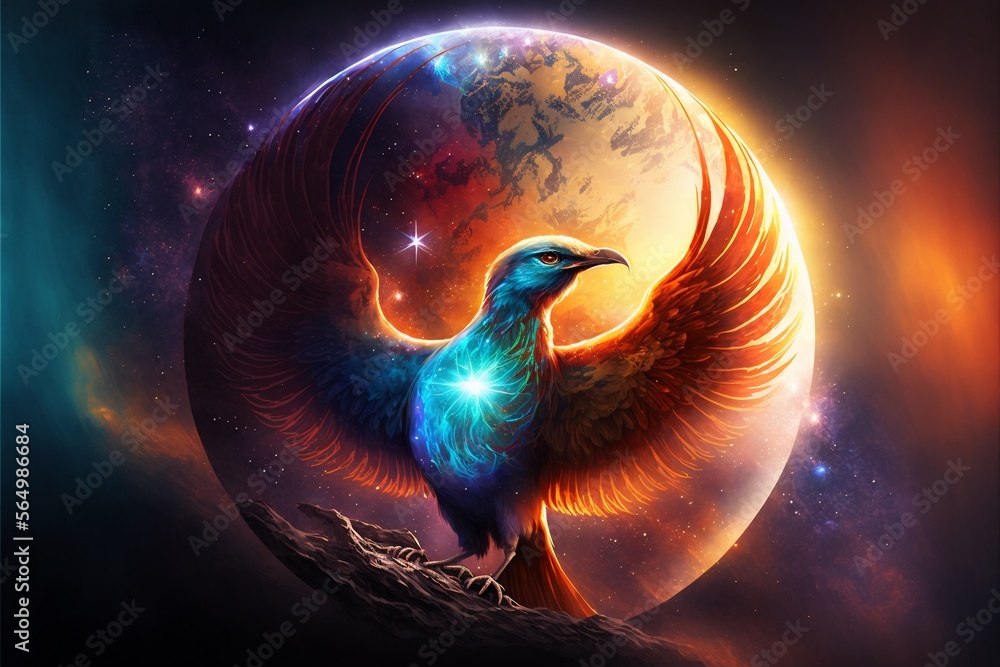 Powerful Epic Legendary Phoenix Spreading Glowing Wing in Universe ...