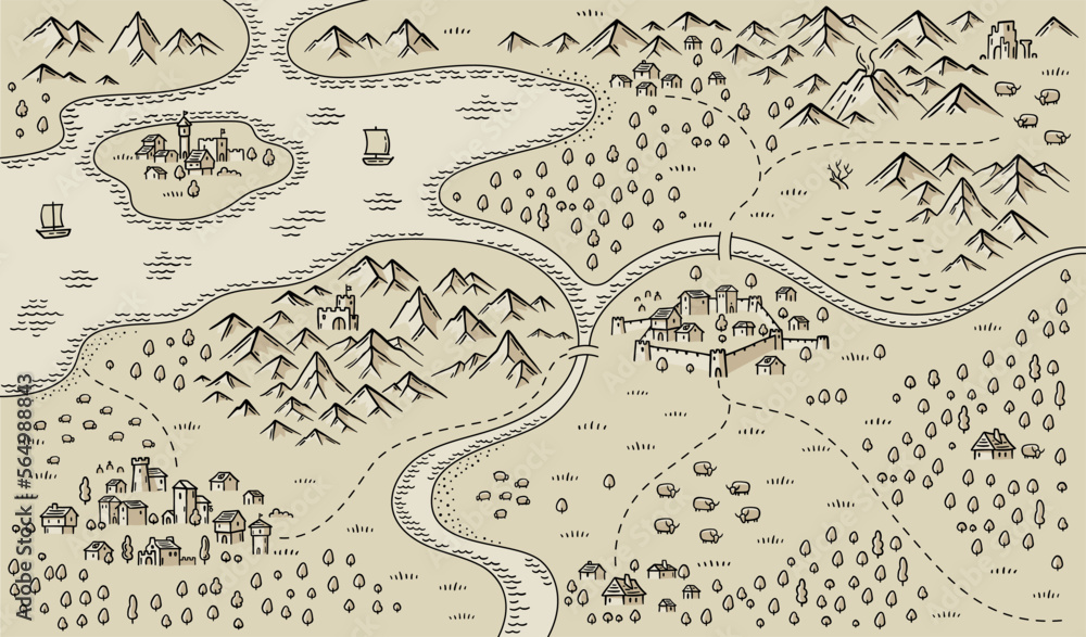 Medieval fantasy map. Mountain river and village buildings. Middle Ages ...