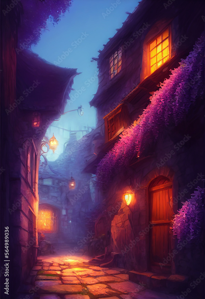 Ilustración de Stock medieval alleyway wisteria cozy summer anime ...