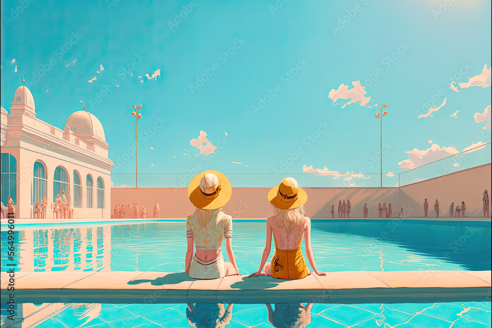 Back view of two young girls in swimsuits and hats sitting on the edge ...