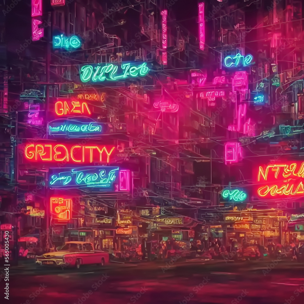 Cyberpunk city, Glowing neon sign and vintage car with a lot of people ...