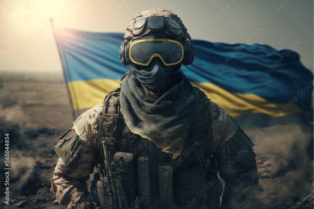 Ilustración de Stock Brutal Ukrainian soldier in uniform. Flag of ...