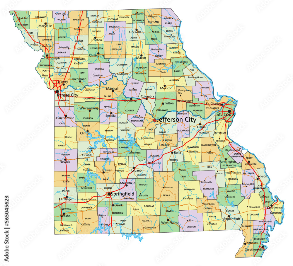 Missouri - Highly detailed editable political map with labeling. Stock ...