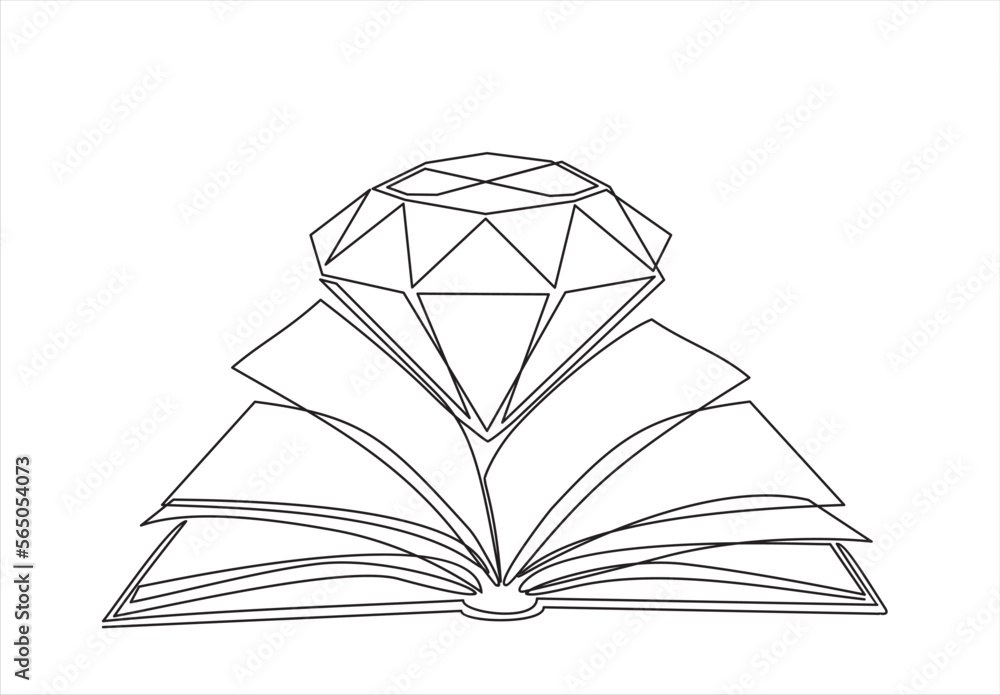 continuous one line drawing of diamond, brilliant and open book ...