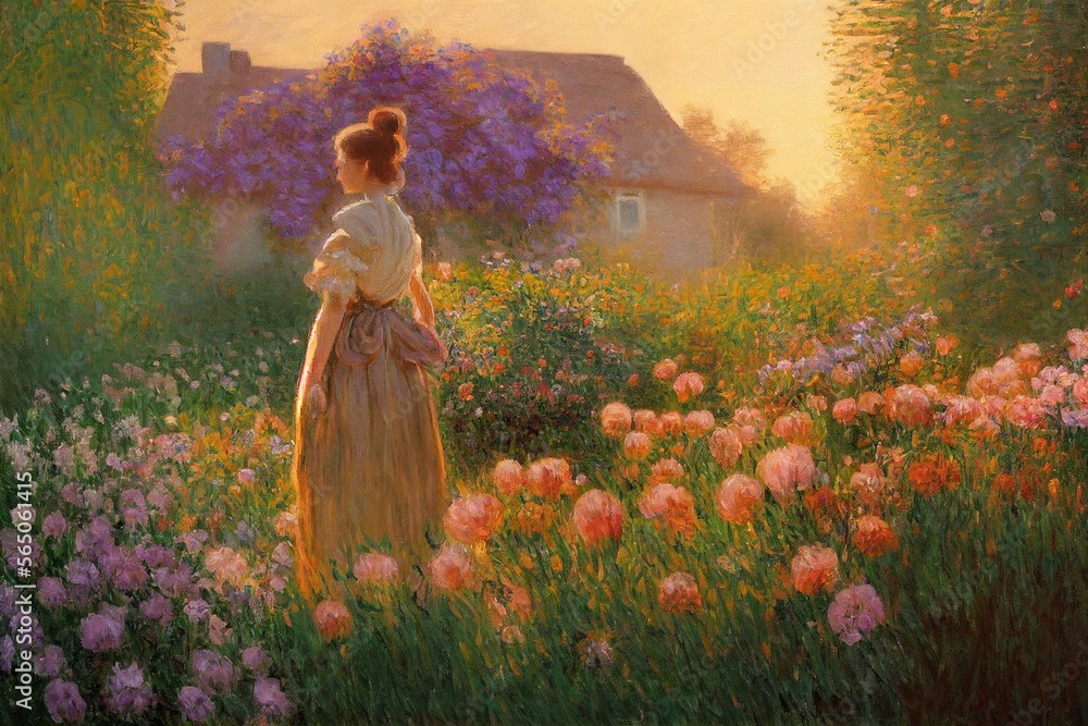 Vintage oil painting of woman standing in garden surrounded by flowers ...