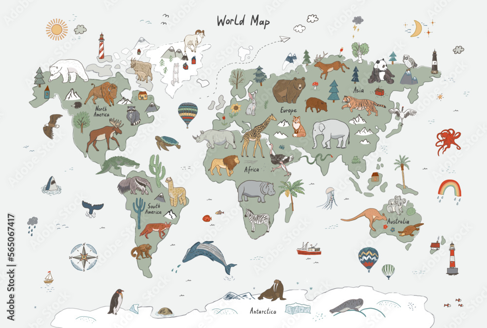 Animals world map vector illustration. Stock Vector | Adobe Stock