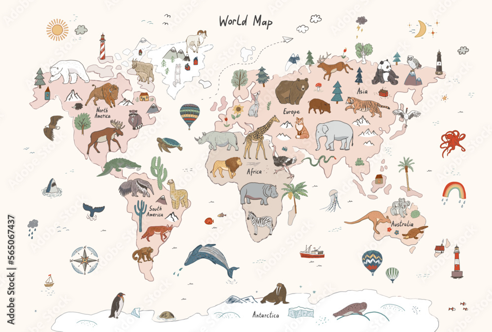 Animals world map vector illustration. Stock Vector | Adobe Stock
