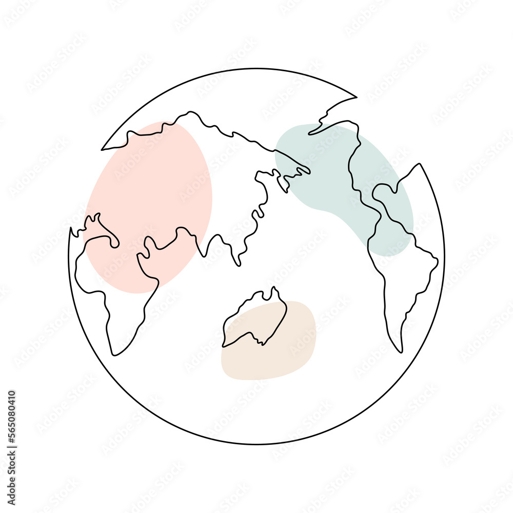 Earth globe continuous one line art. World map doodle linear drawing ...