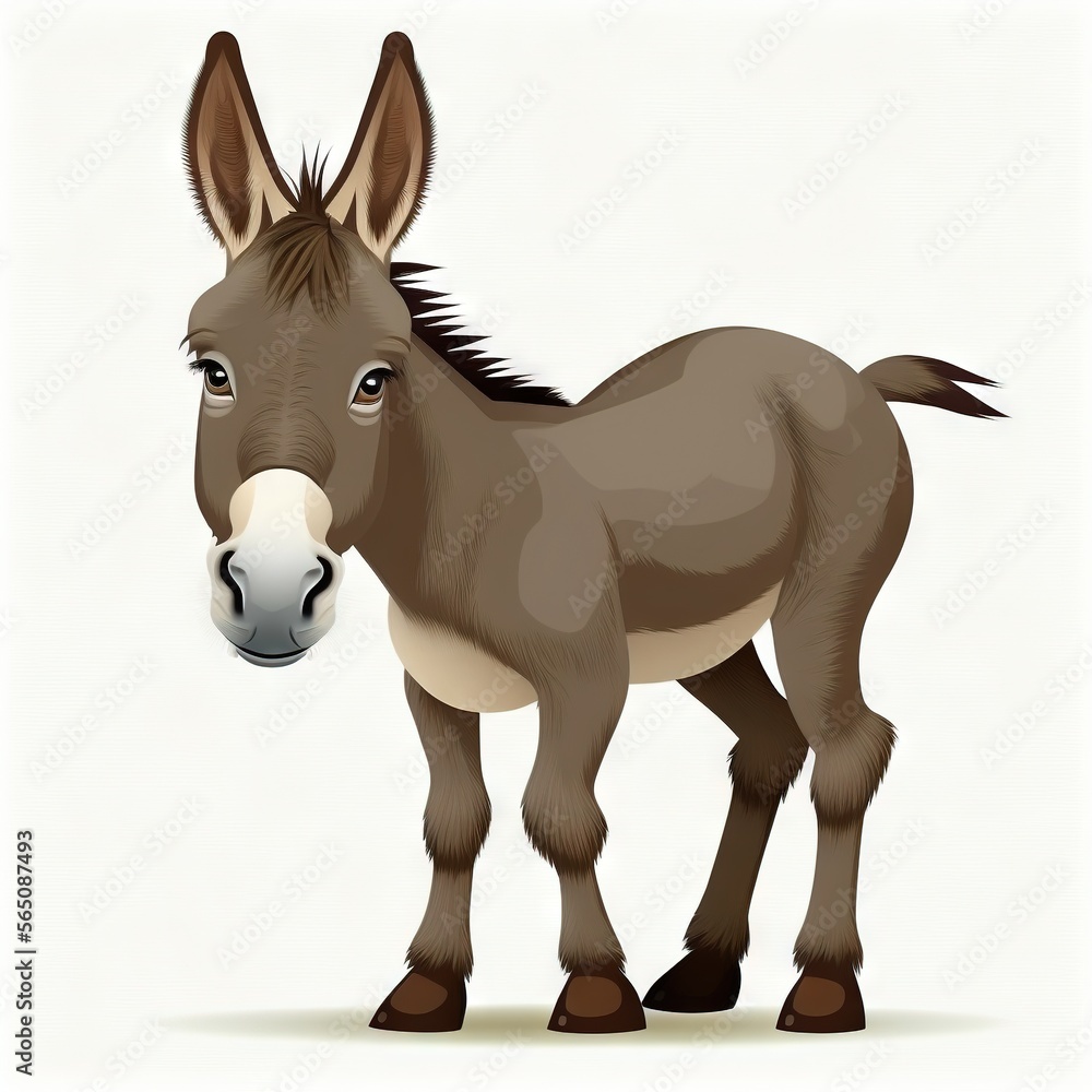 an animated donkey standing on a white background. The donkey has a ...