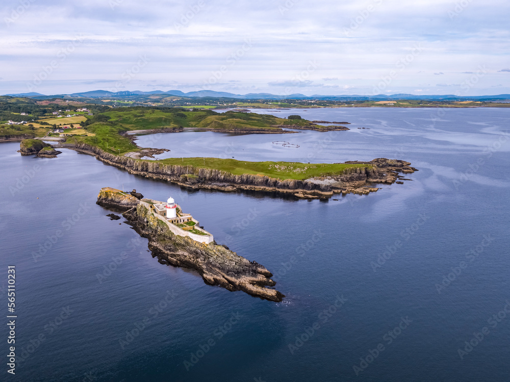 Aerial of the Rotten Island Lighthouse with Killybegs in background ...