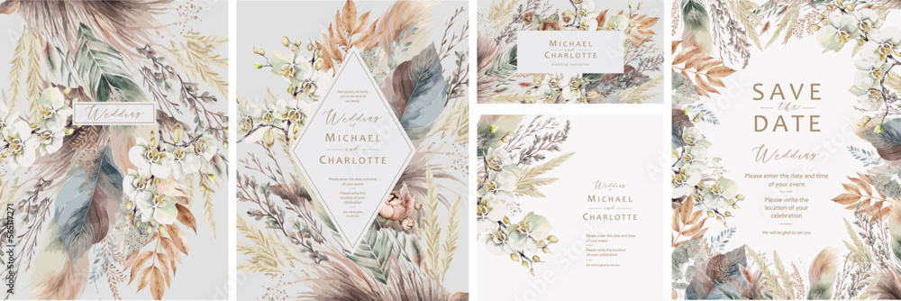 Wedding invitations in boho style. Save the Date. Vector beautiful ...