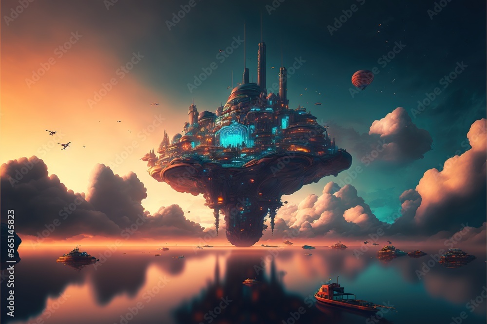 Sci-Fi Floating City in the Sky, Architecture Blend of Art Deco and ...