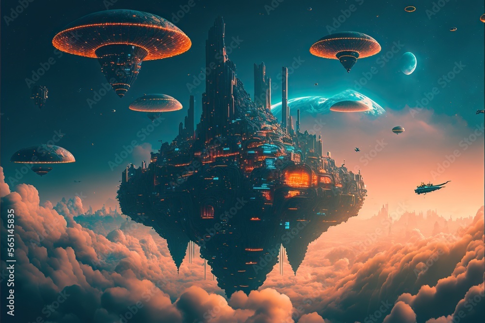Ilustração Sci-Fi Floating City in the Sky, Architecture Blend of Art ...