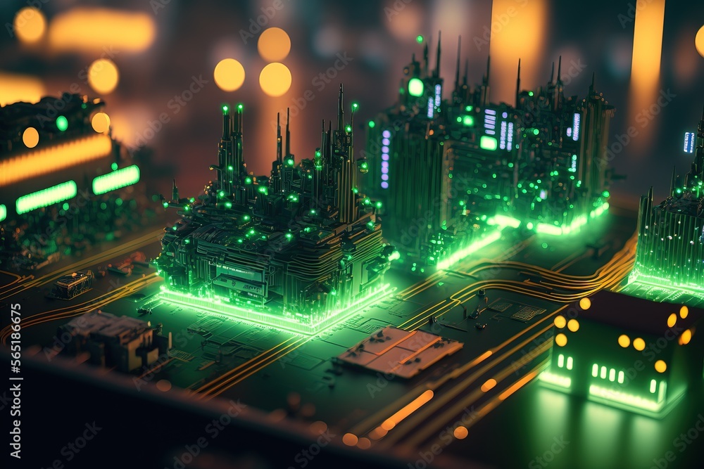 glowing metropolis on a circuit board. dystopian high tech AI concept ...