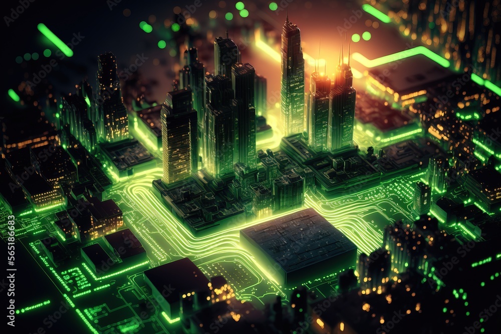 green glowing matrix city on a circuit board. poligonal birds eye view ...