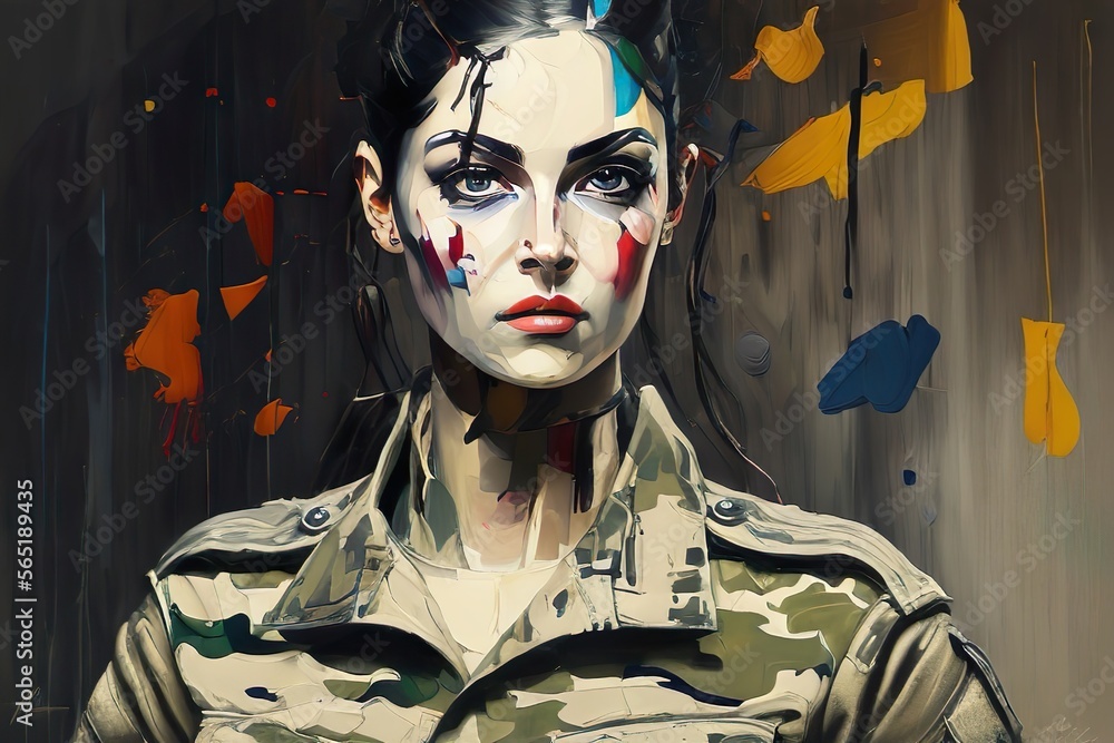Portrait of a female soldier in military uniform. Abstract oil painting ...