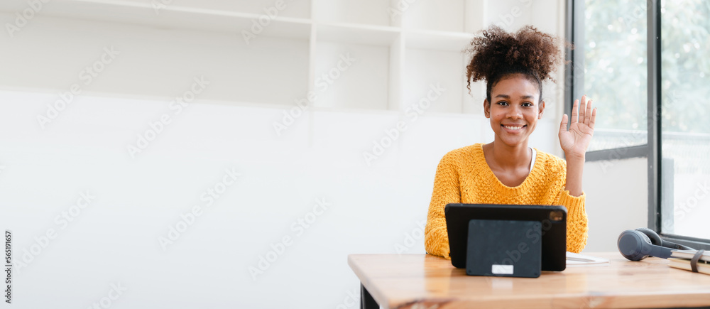 Pretty young african american student woman study online class in ...