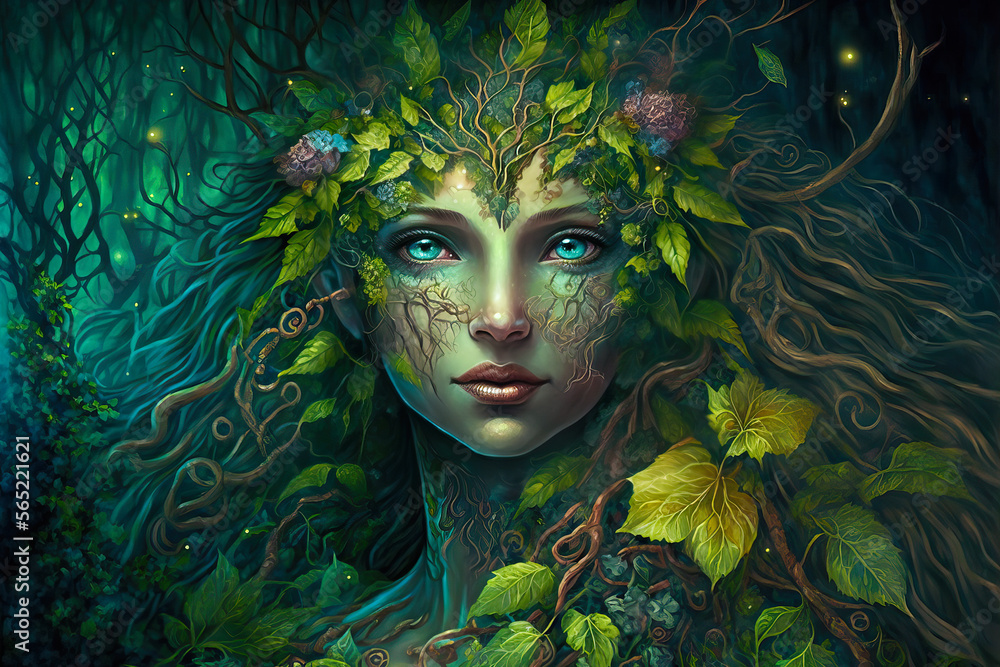 Beautiful dryad goddess in forest. Dryad goddess merging with a magical ...