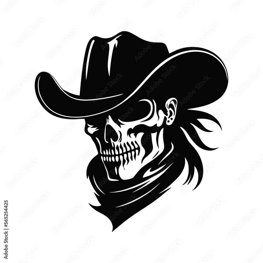 Dead cowboy in a cowboy hat. Skull of cowboy, black and white template ...