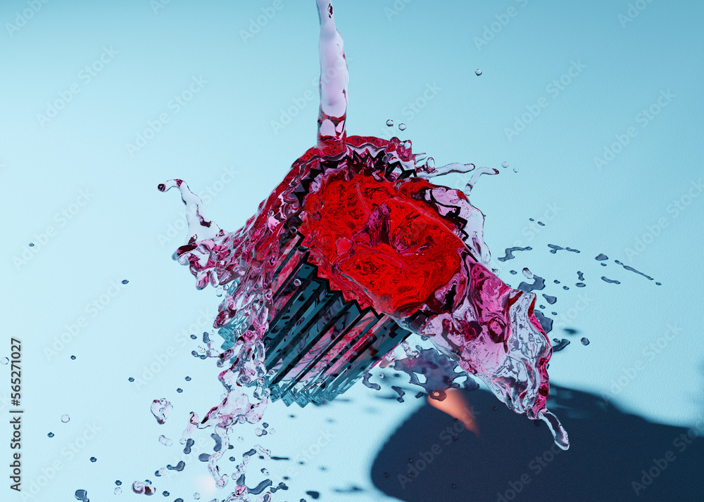 Abundance of red juice overflowing out of ribbed glass which is ...