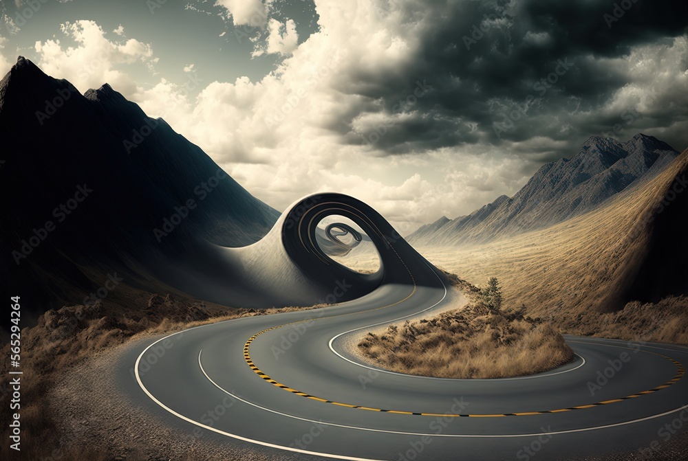 surreal road swirl in loop in wasteland, idea for obstacle and problem ...