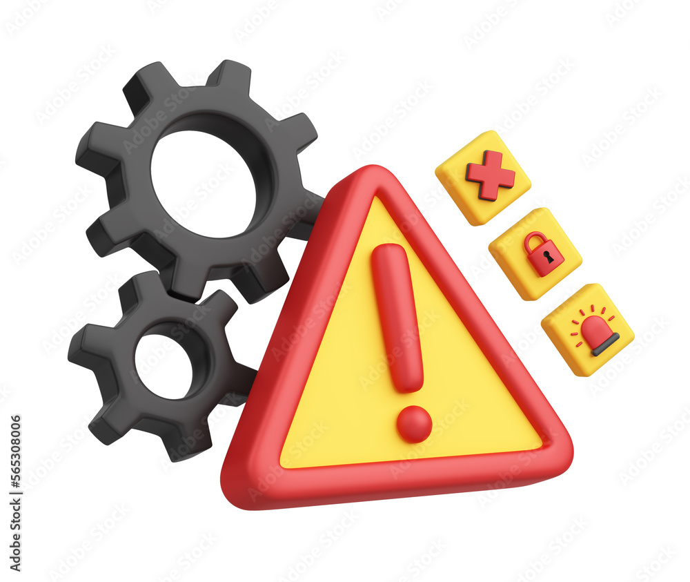 Red and yellow triangle exclamation mark symbol with object gear, emergency light and lock ...