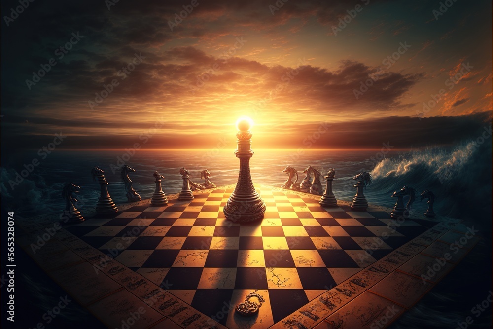 Square chess board, sun. Chessboard on the background of dawn. An epic ...