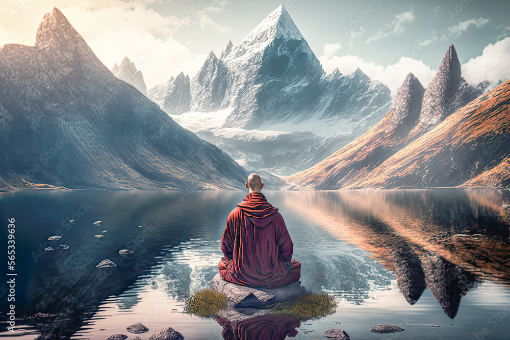 Illustration Stock Ein meditierender Mönch vor einer wunderschönen ...