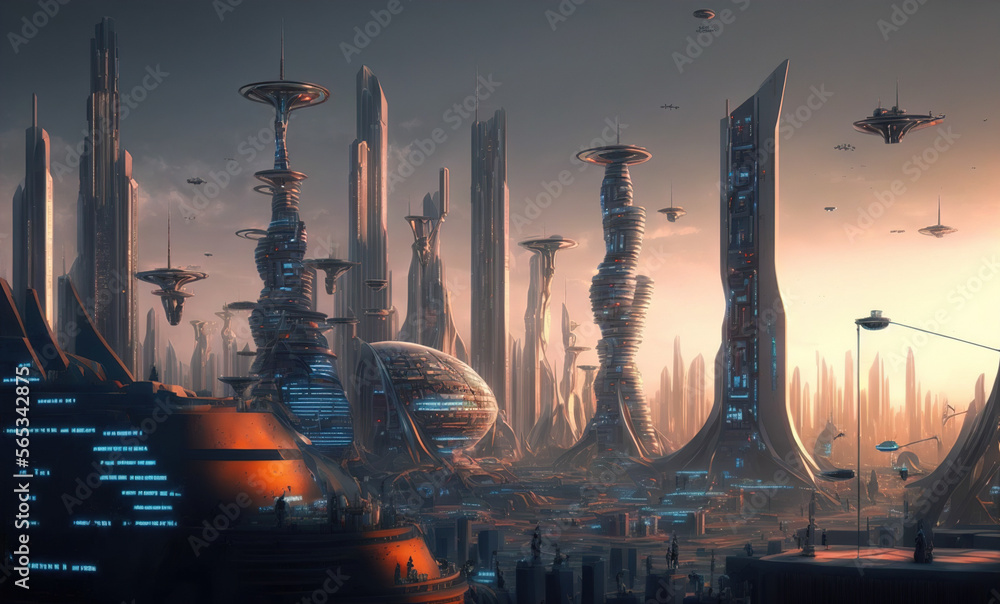Skyline of futuristic city with fictional architecture in panoramic ...