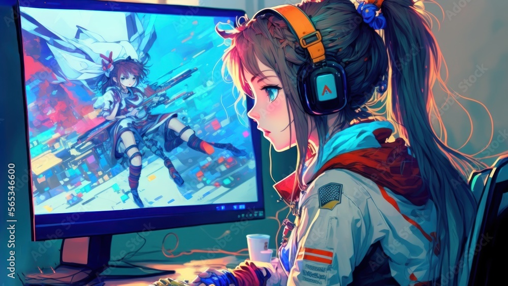 Beautiful Gamer girl in headphones on her computer. Room and computer ...