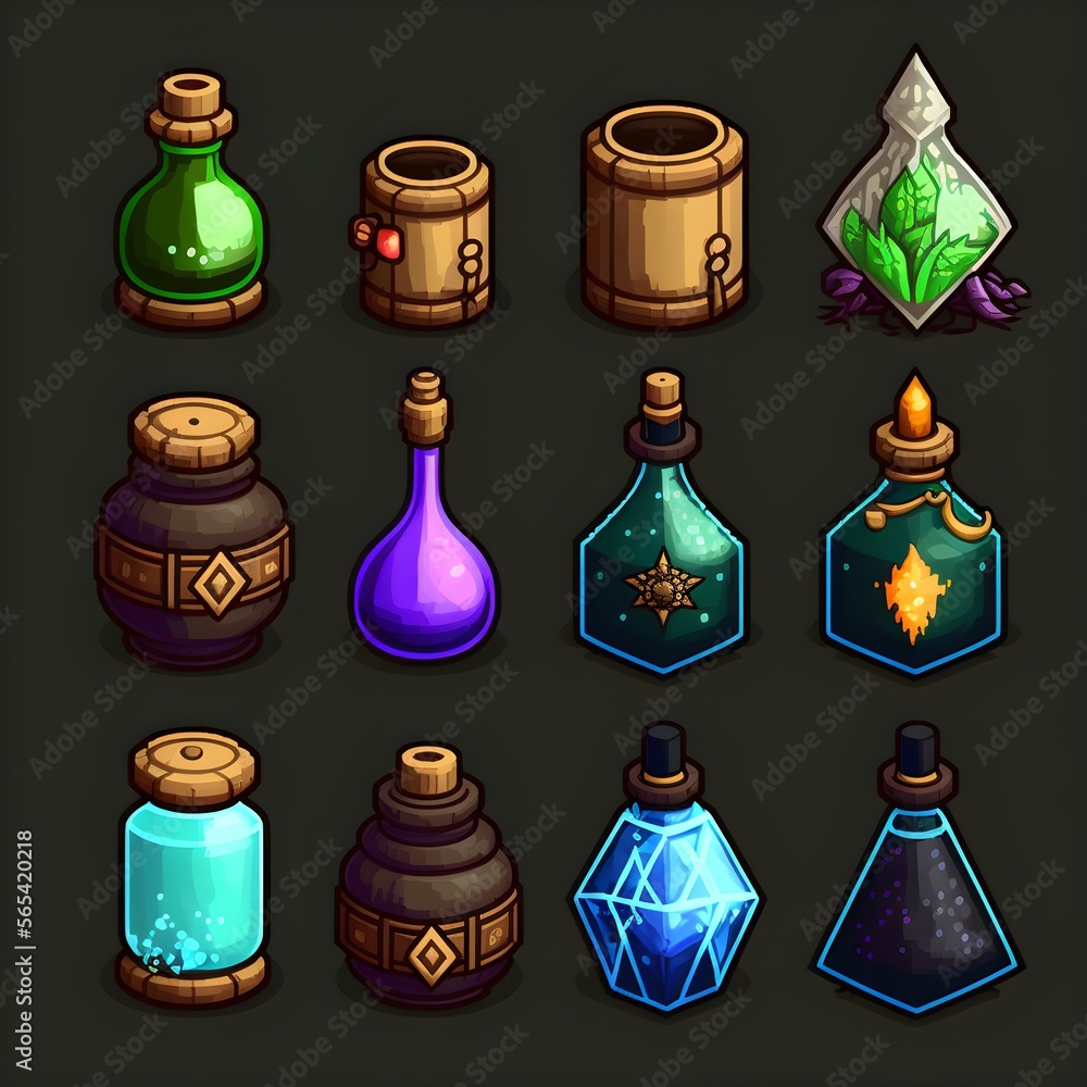 Illustrazione stock di Set of Icons, magic spell potion sprite ...