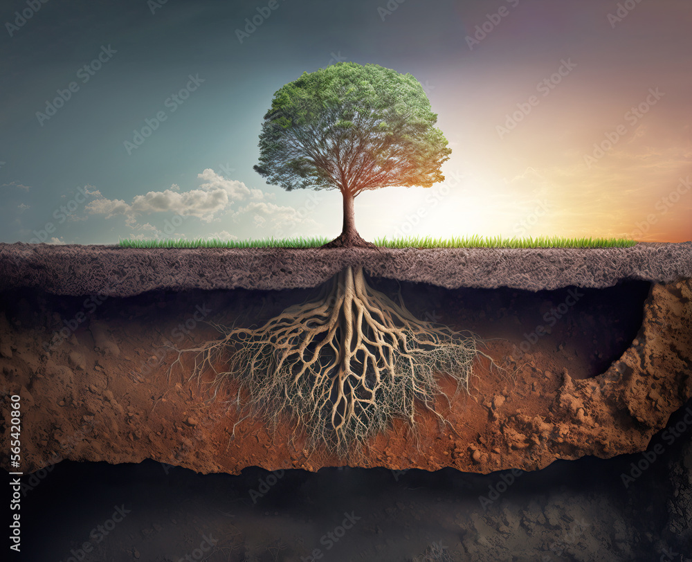 Tree growing in a field, surface and underground section with layers of ...