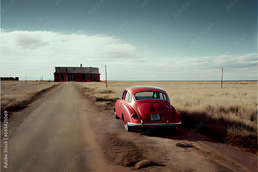 Stock-Illustration „A Single Loney Red Car on a Country Road: A ...