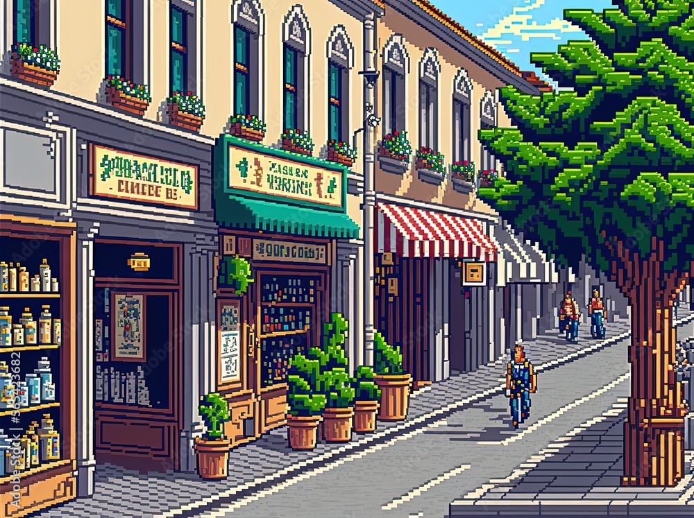 Pixel art shops in european shopping street, old european shops ...