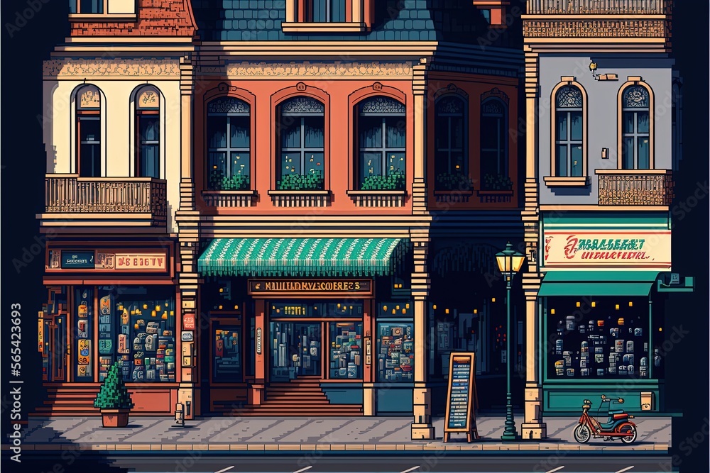 Pixel art shops in european shopping street, old european shops ...