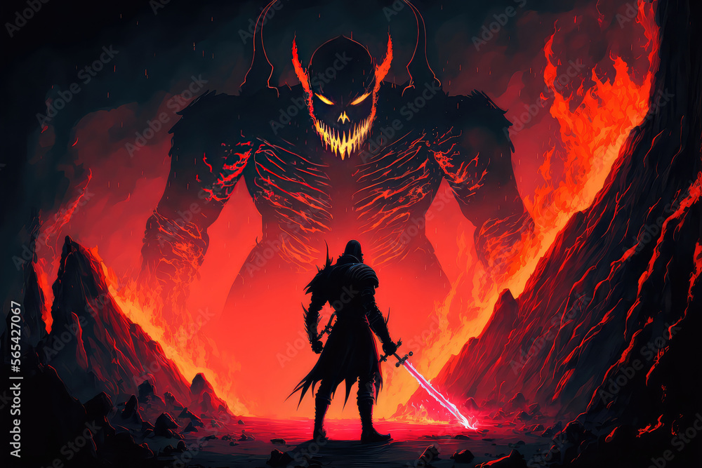 Digital illustration painting of knight with a sword facing the lava ...