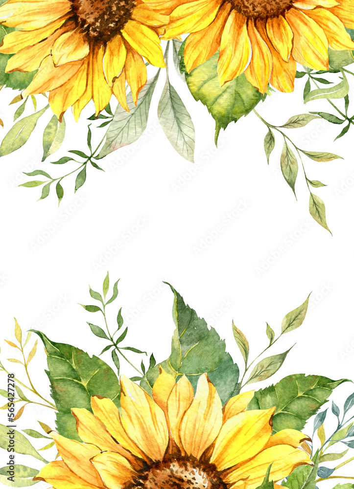 Sunflower Wedding Invitation frame watercolor. Floral frame for wedding ...