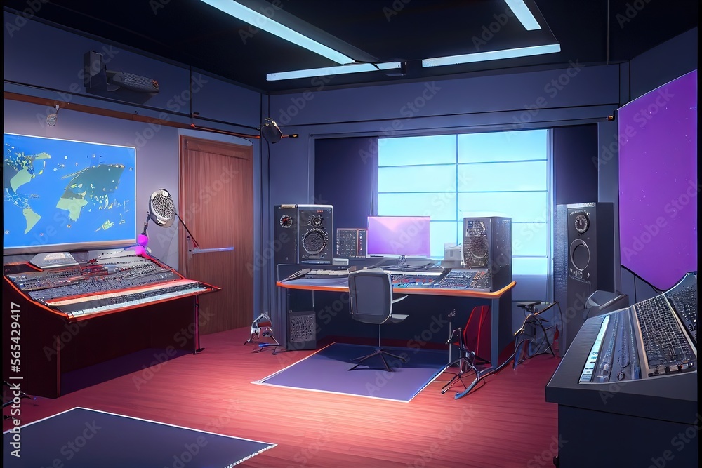 Interior of a professional recording studio. Modern 3D animation style ...
