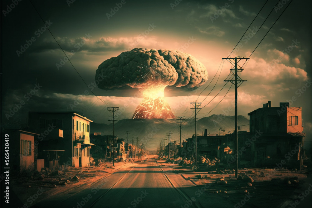 Atomic Bomb over a City with Mushroom cloud in the distance. Giant Nuke Explosion Blast. Nuclear ...