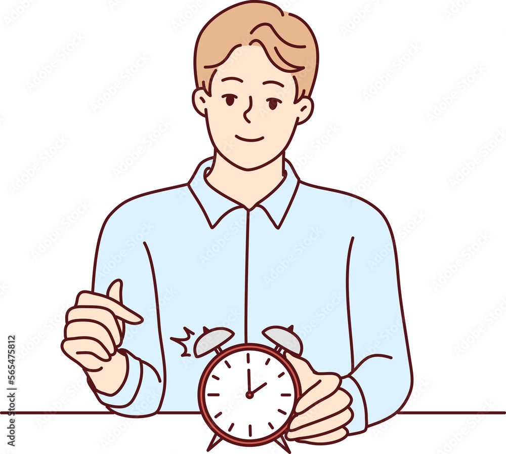 Ilustración de Stock Smiling man points finger at alarm clock to remind ...