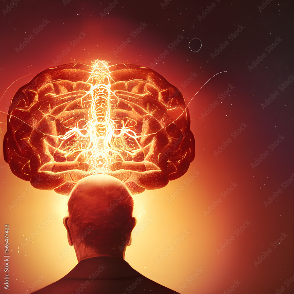 illustration of the rear view of an old man with a brain on top ...