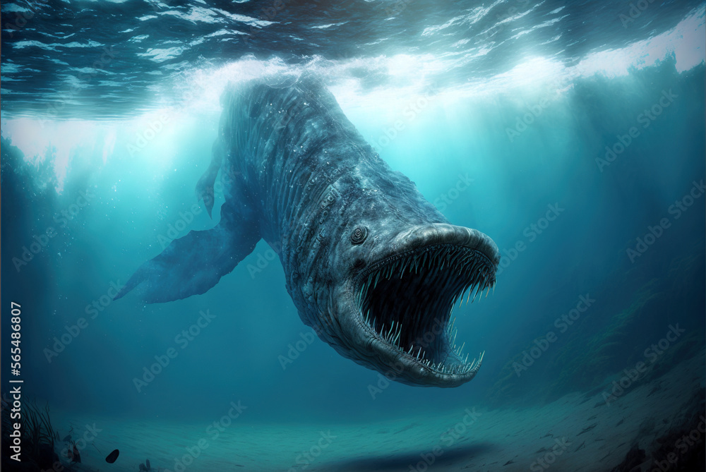 Sea monster open its mouth with teeth, fantasy underwater creature ...