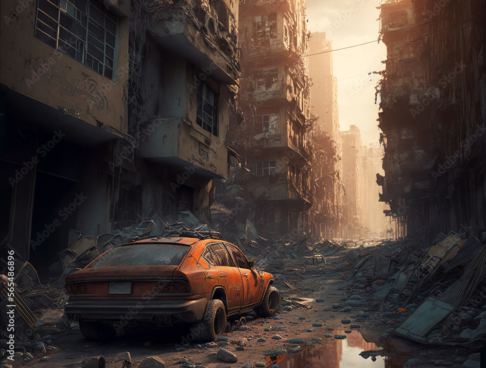 Apocalyptic view of destroyed city buildings, post apocalypse after ...