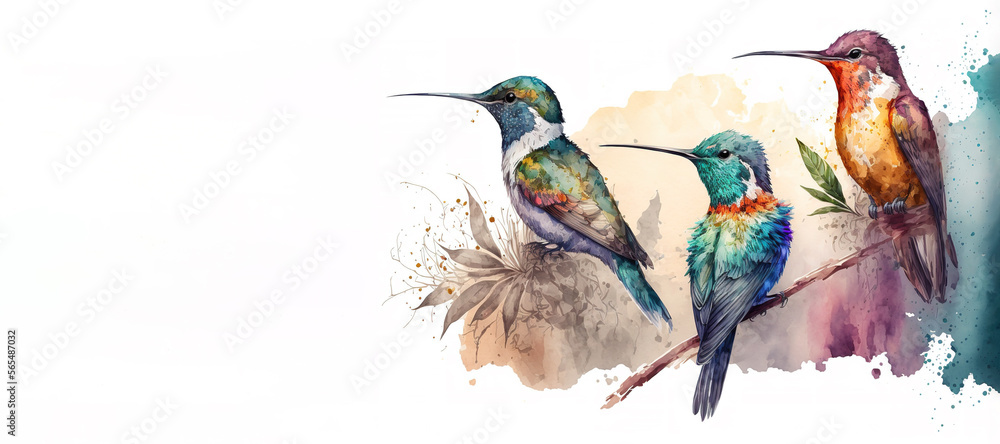 Watercolor hummingbirds banner. Copy space fort text or quote on the ...