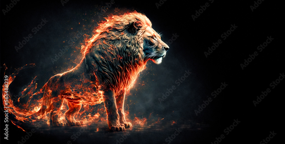 Male lion king, made of fire. Creative hot fire flames coming from the ...